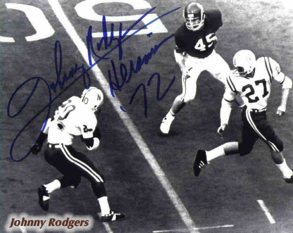 Johnny Rodgers signed Nebraska 8x10 photo with Heisman 72